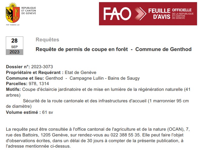 Suites - Non à l’abattage des arbres au Parc Lullin - Enjeux Genève